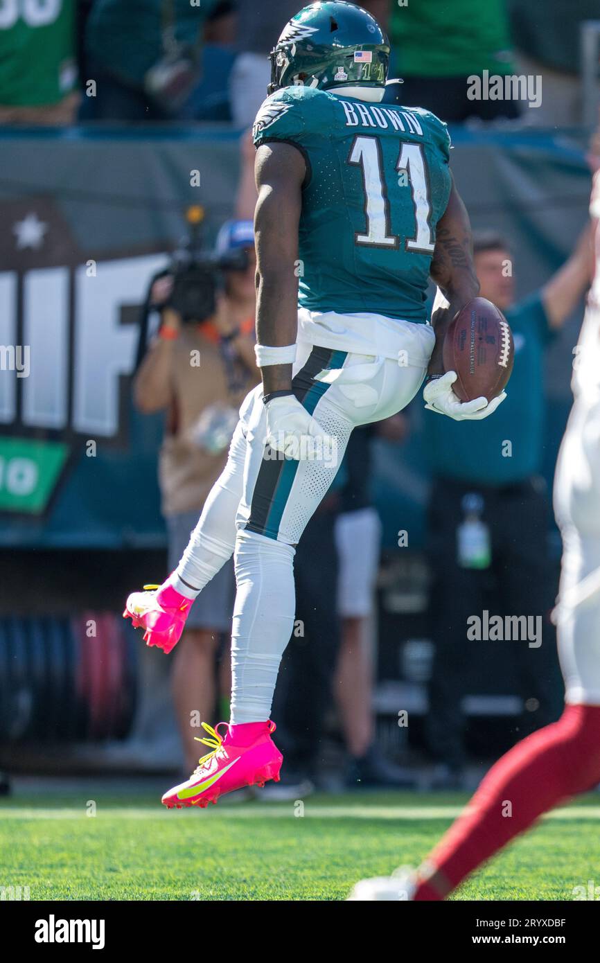 A.J. Brown #11 of the Philadelphia Eagles celebrates after scoring a ...