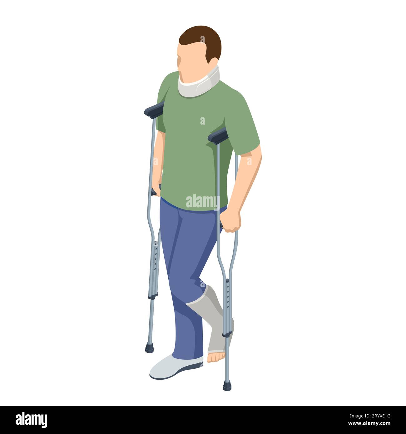 Isometric man with a leg injury in a cast on crutches and a neck injury ...