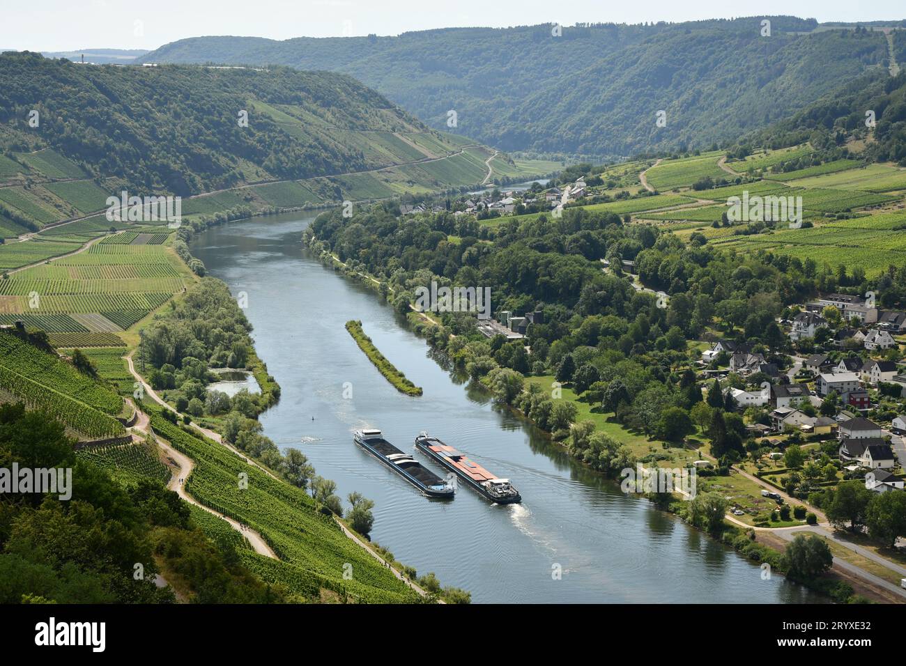 Bird's eye view of a village near the Mosel River surrounded by ...