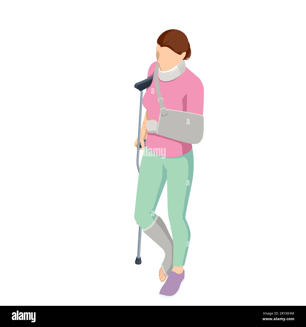 Isometric A woman with a leg injury in a cast on crutches, an arm ...
