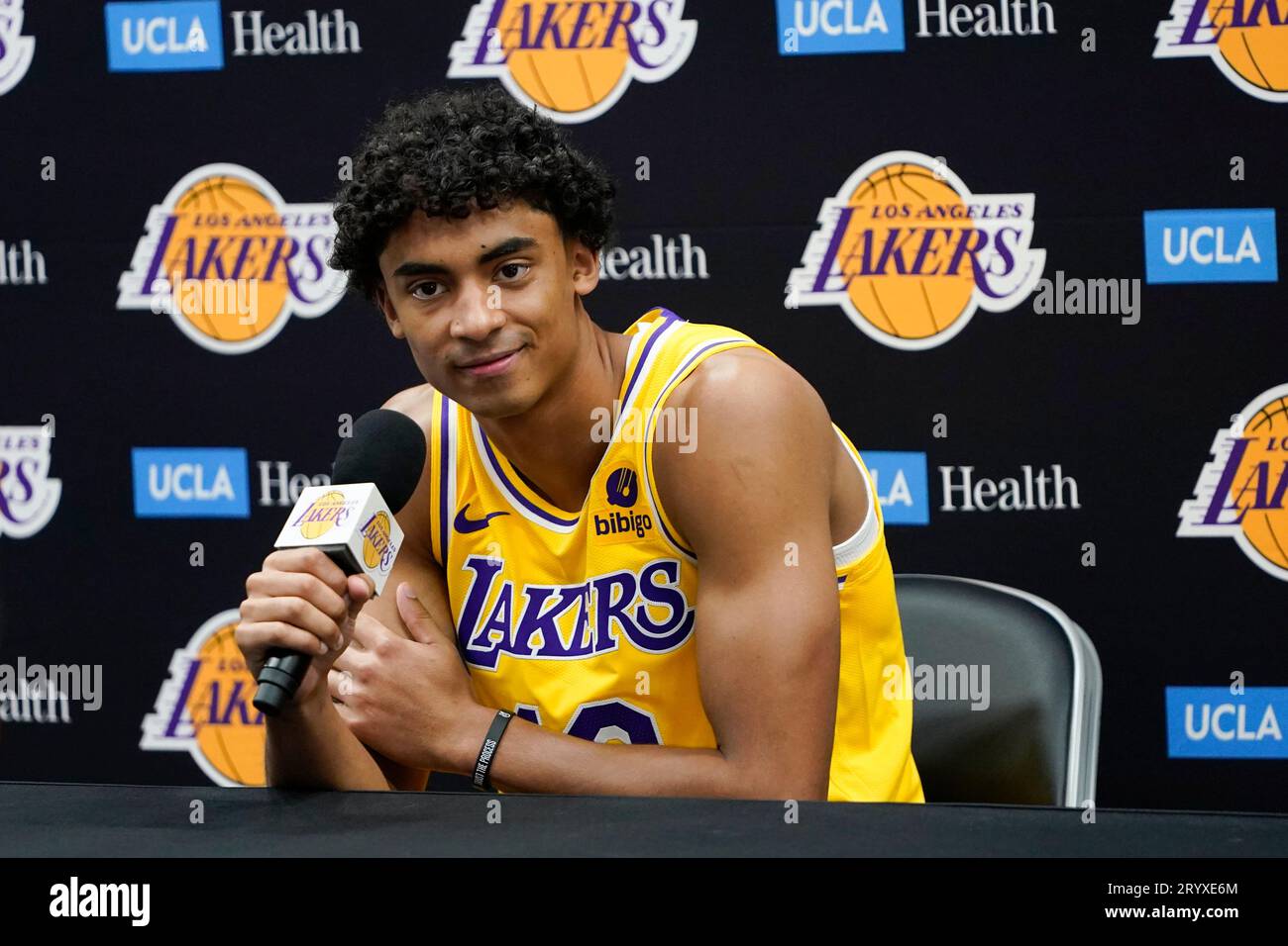 Los Angeles Lakers guard Max Christie listens to a question in a news ...