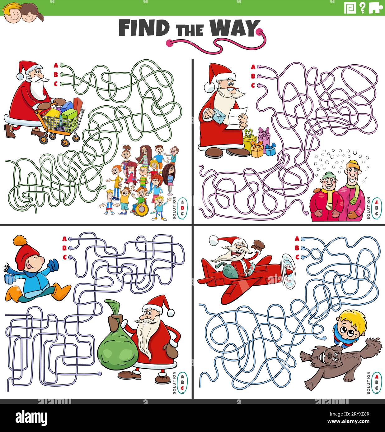 Cartoon illustration of find the way maze puzzle games set with Santa ...