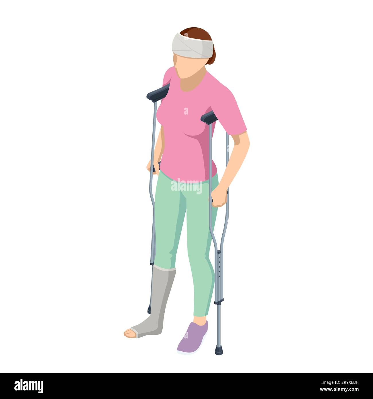 Isometric woman with a leg injury in a cast on crutches, with a head ...