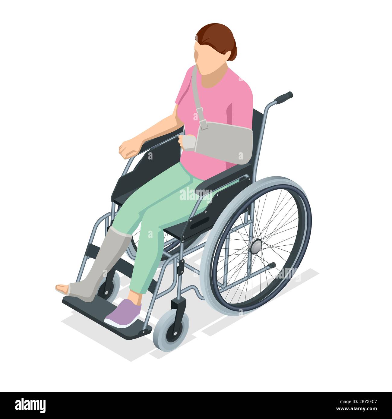 Isometric woman with an arm injury and a leg injury in a cast sits in a ...