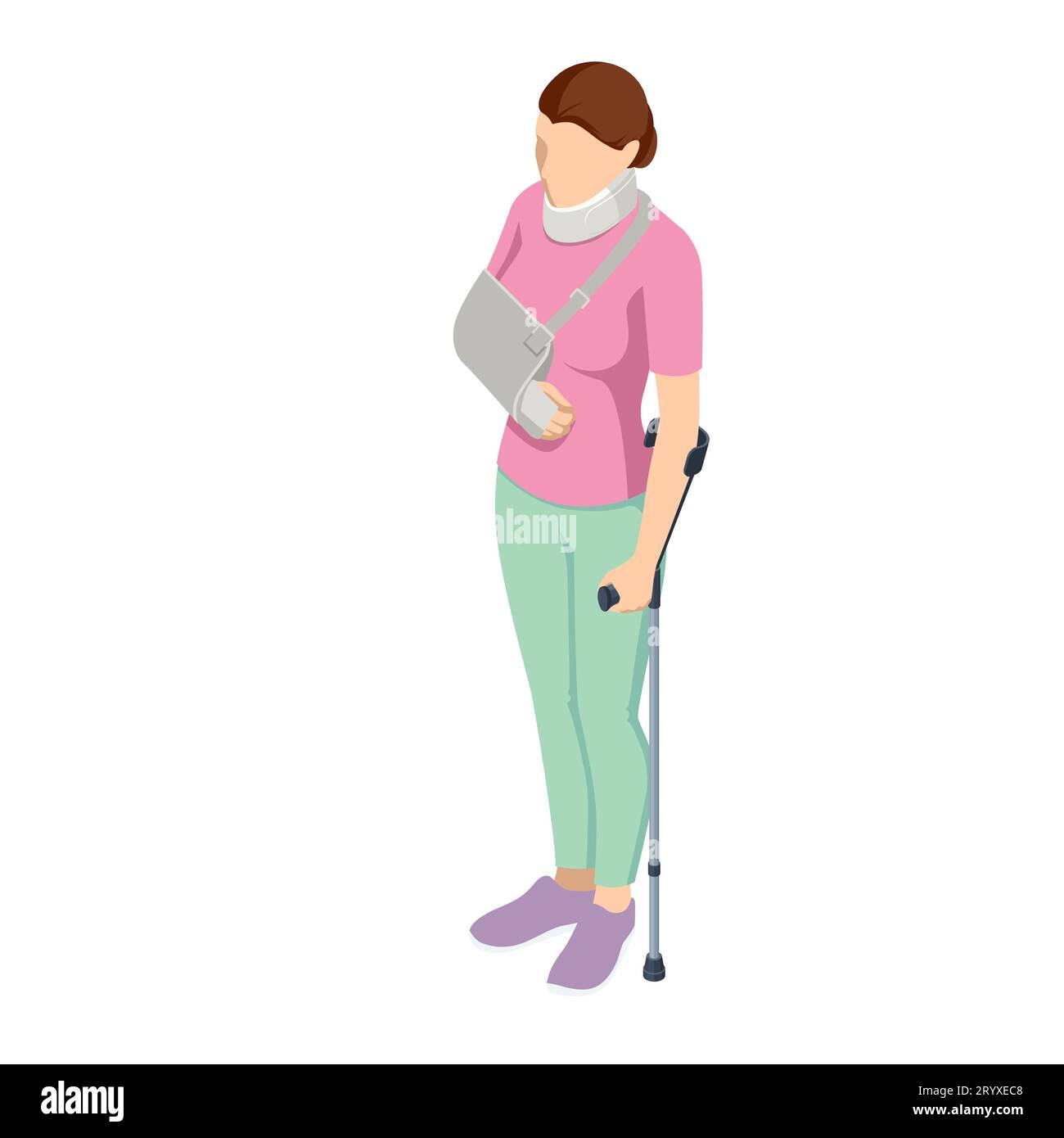 Isometric Woman with arm injury in a cast and neck injury. Social ...
