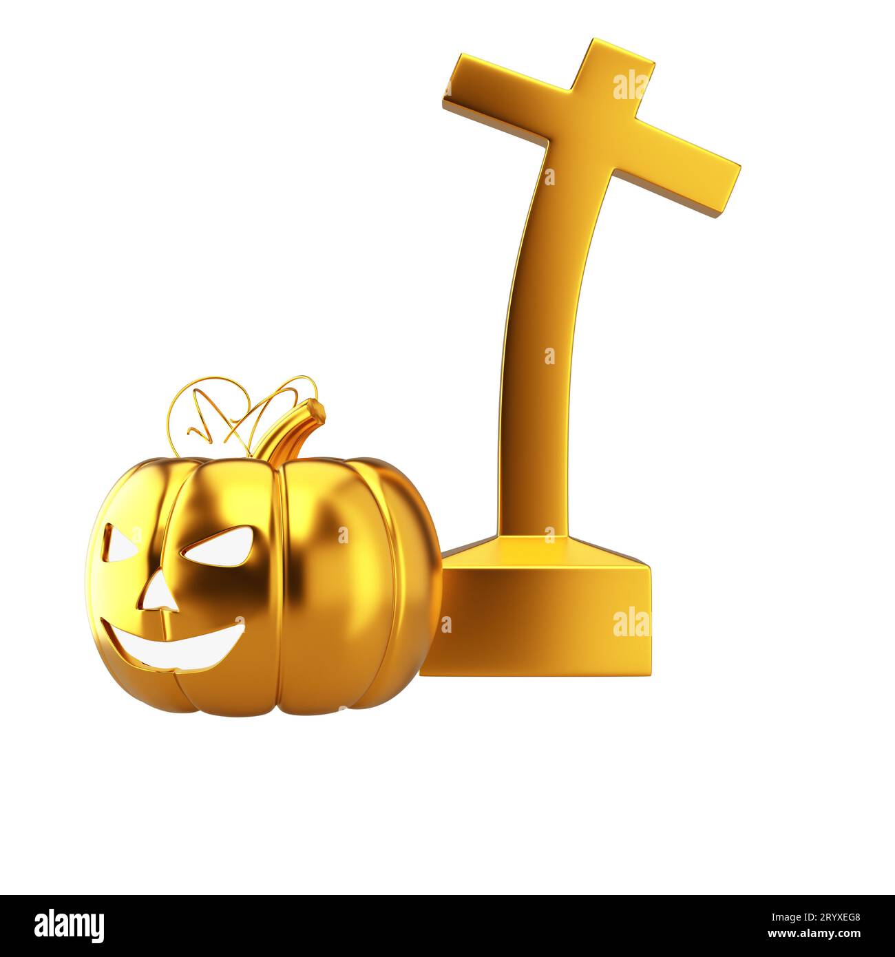 Halloween golden pumpkin jack o lantern with grave cross isolated on ...