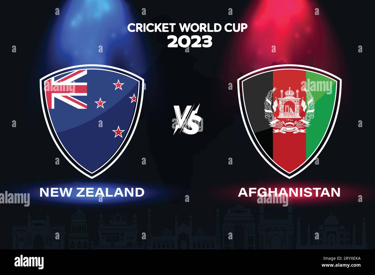 New Zealand vs Afghanistan international cricket flag badge design on Indian skyline background ...