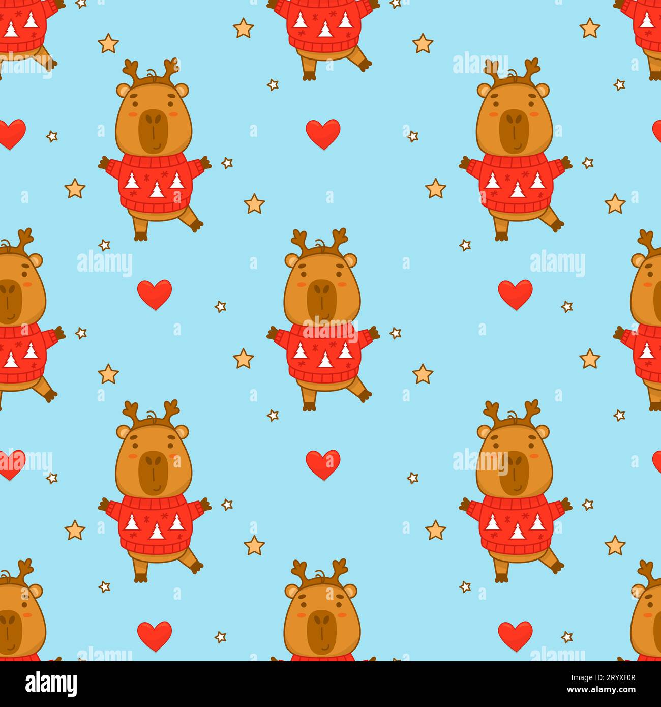 Seamless pattern. Cute winter capybara with Christmas sweater on blue ...