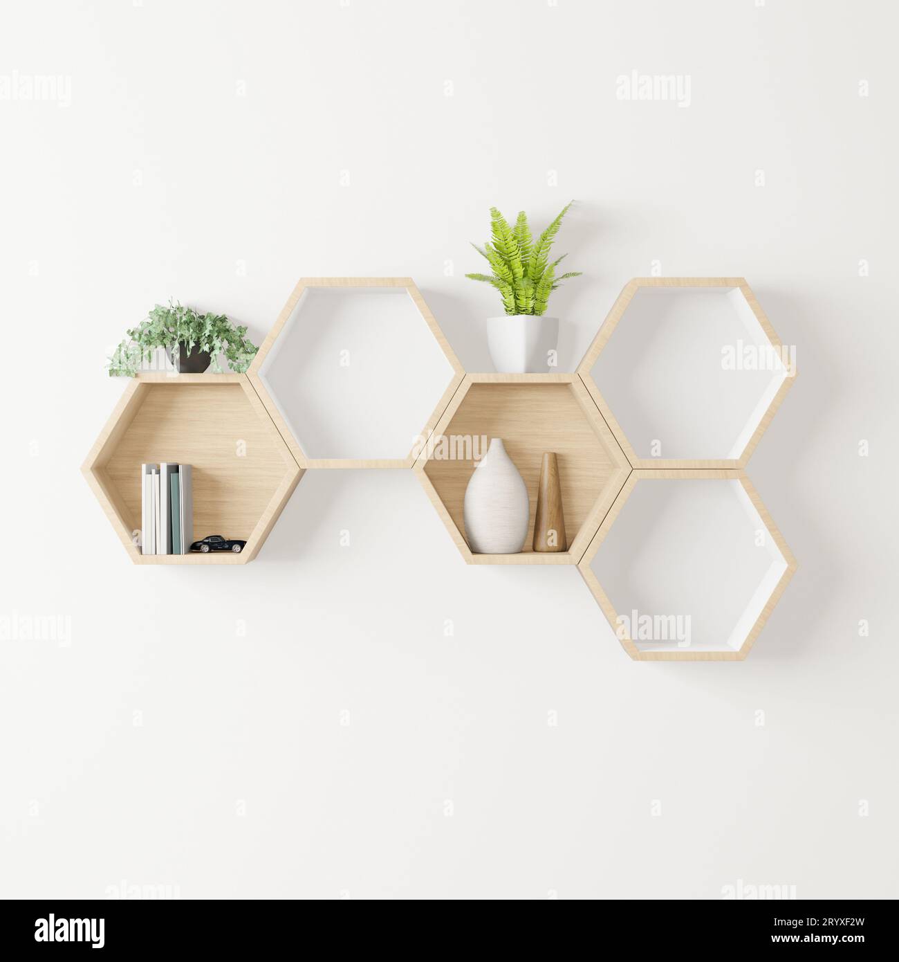 Wooden Hexagon shelf little tree Stock Photo - Alamy