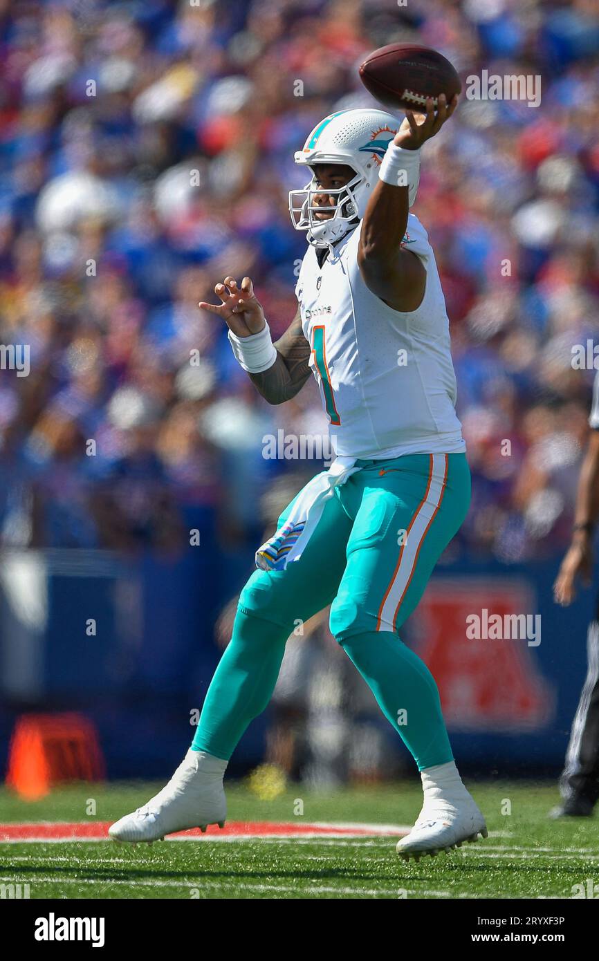 Miami Dolphins quarterback Tua Tagovailoa (1) throws a pass during the first half of an NFL ...