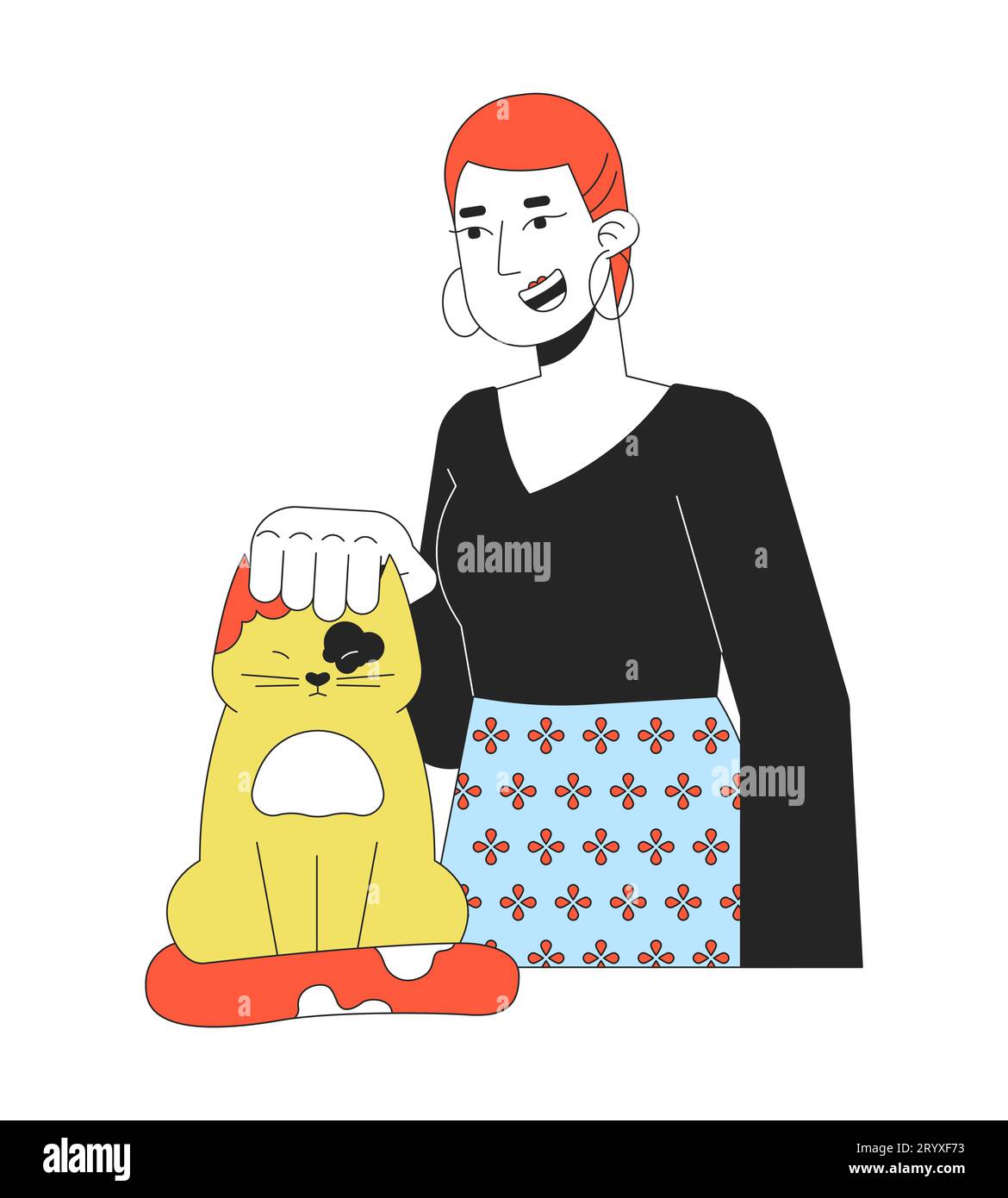 Short haired caucasian woman petting cat head 2D linear cartoon ...