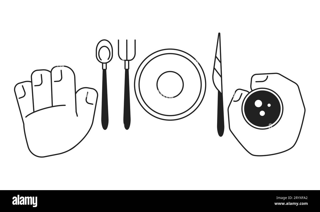 Cutlery hands holding glass overhead cartoon hands outline illustration ...
