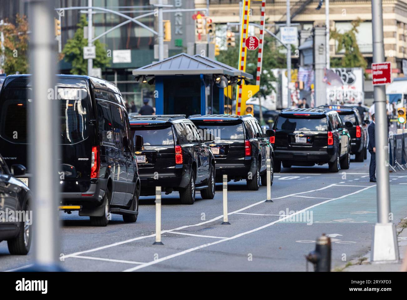 A motorcade carrying former President Donald Trump leaves the 60 Center ...