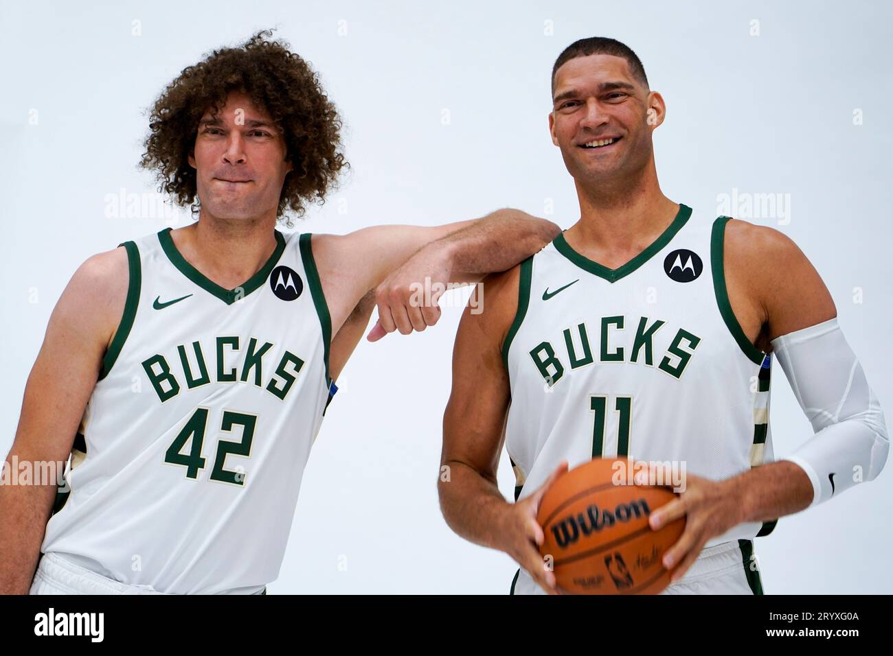 Milwaukee Bucks Brook Lopez and brother Robin Lopez pose for a picture during the NBA basketball team s media day in Milwaukee Monday Oct. 2 2023. AP Photo Morry Gash Stock Photo Alamy