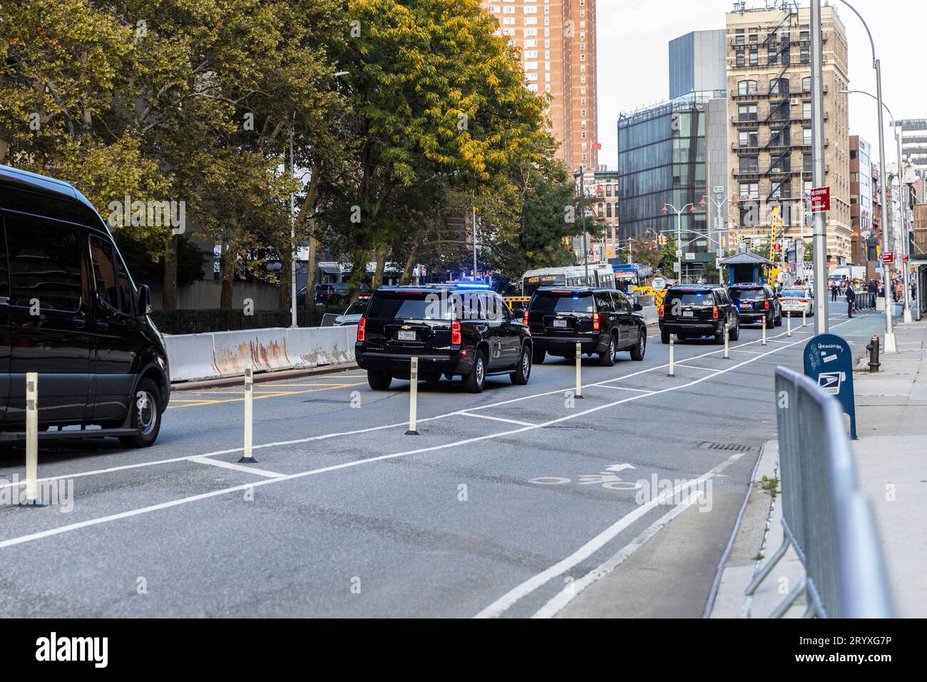A motorcade carrying former President Donald Trump leaves the 60 Center ...