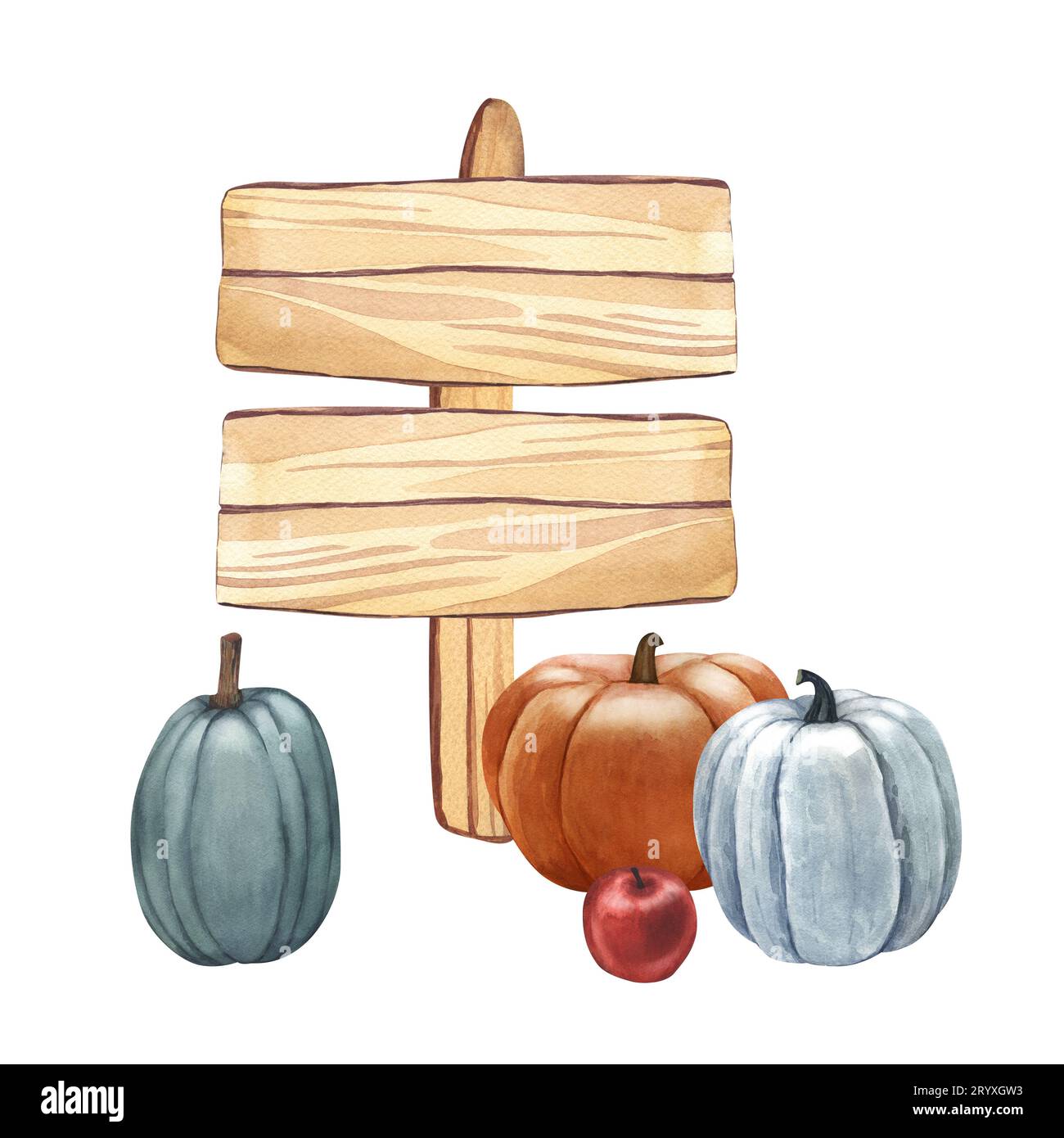 Watercolor the wooden street signs guidepost with realistic pumpkin ...