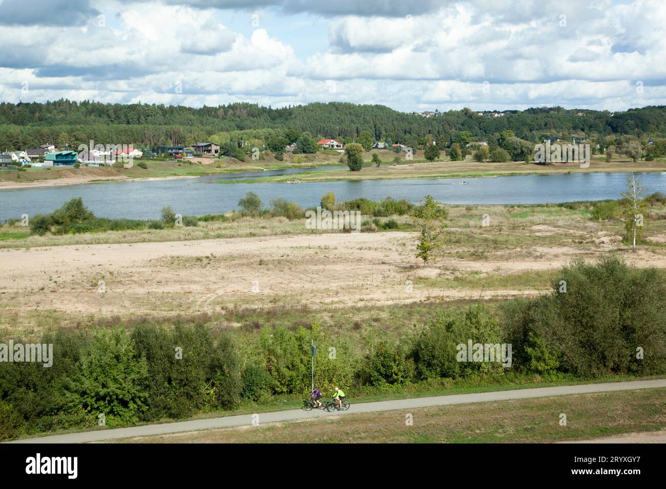 The early Autumn view of a bicycle road and the confluence of Neman and ...