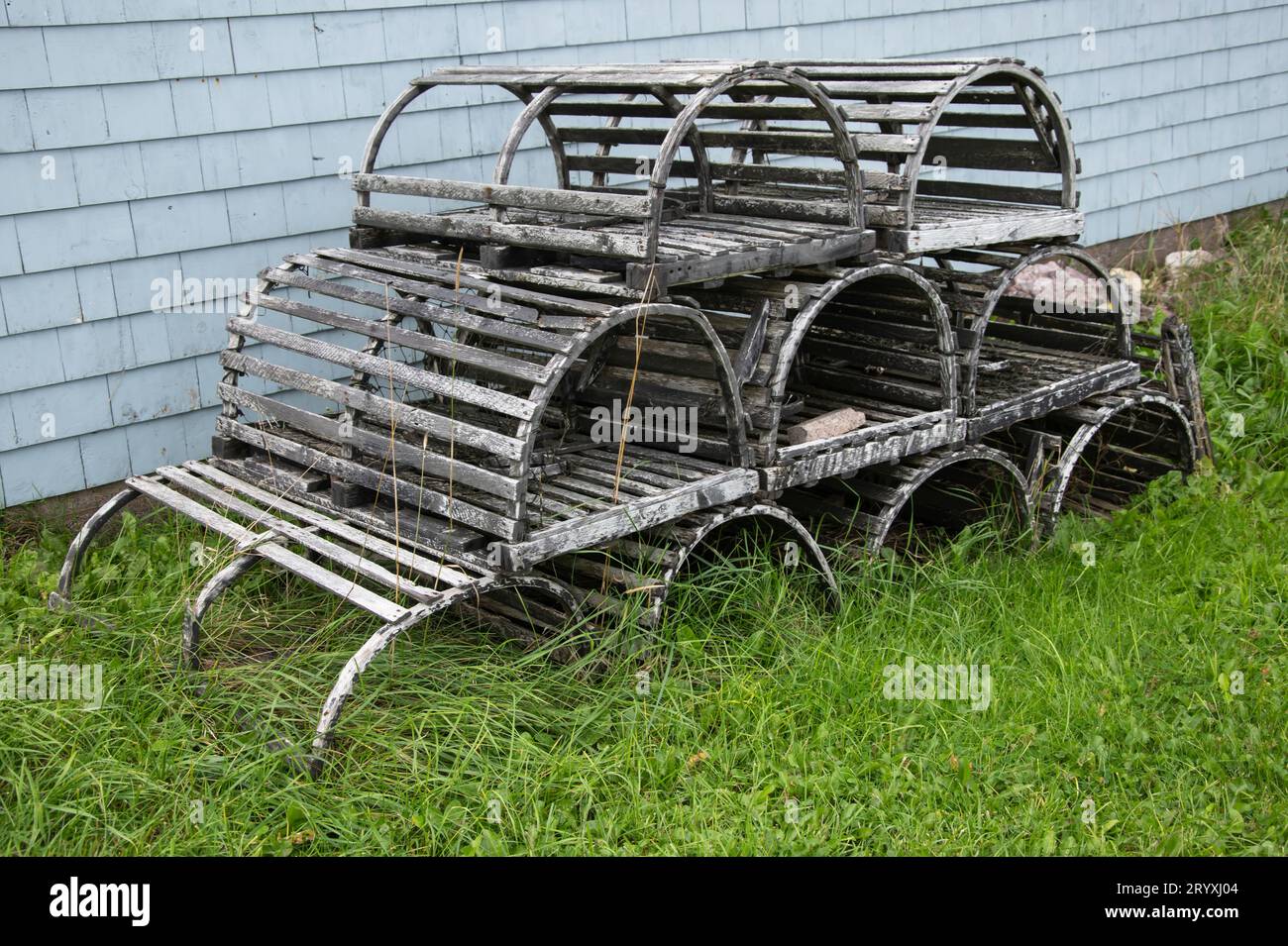 Lobster traps stored on Ile-aux-Marins in St. Pierre, France Stock ...