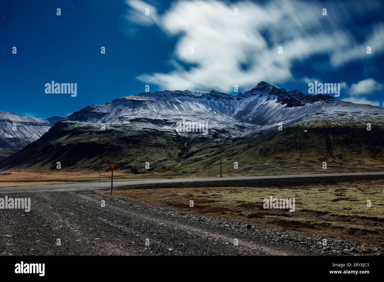 Majestic region with mountains covered in snow, night photography theme ...