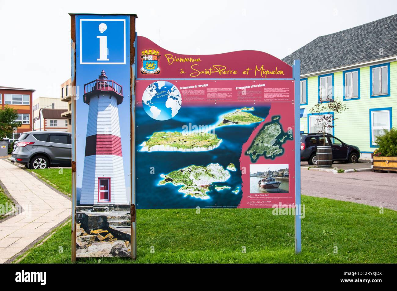 Welcome to St. Pierre information sign Stock Photo - Alamy