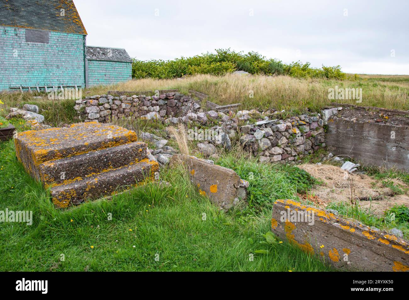 Remains of stone foundations on Ile-aux-Marins in St. Pierre, France ...