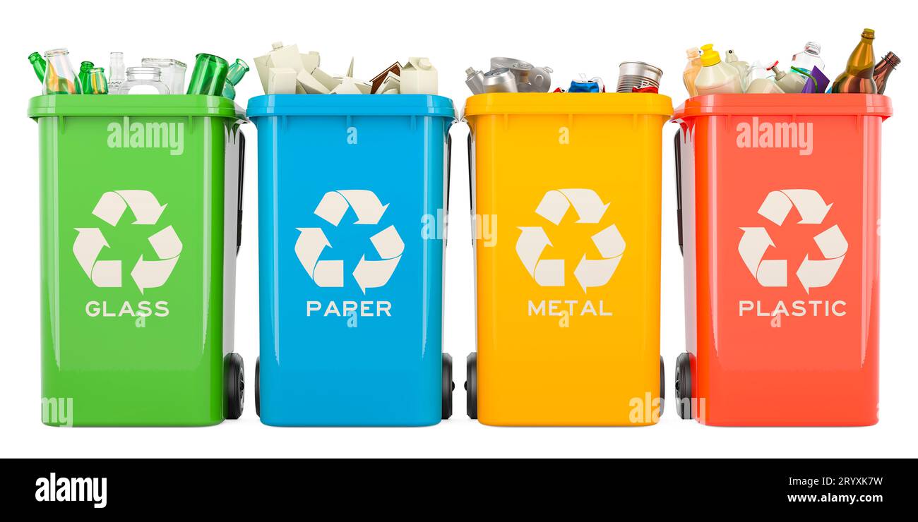 Recycling trash cans with glass, paper, metallic and plastic waste, 3D ...