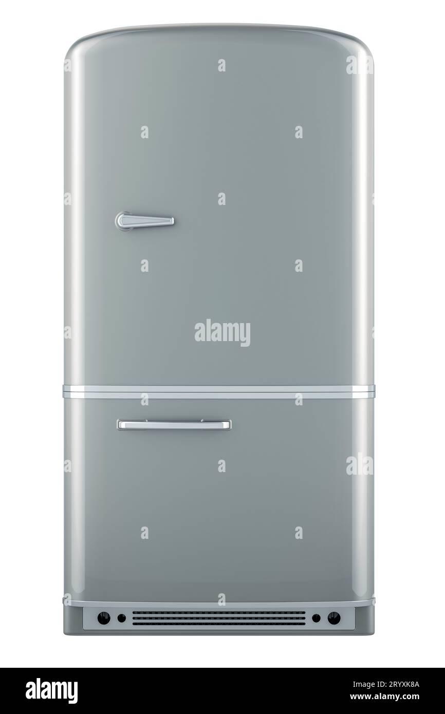 Fridge retro design, front view, silver color. 3D rendering isolated on ...