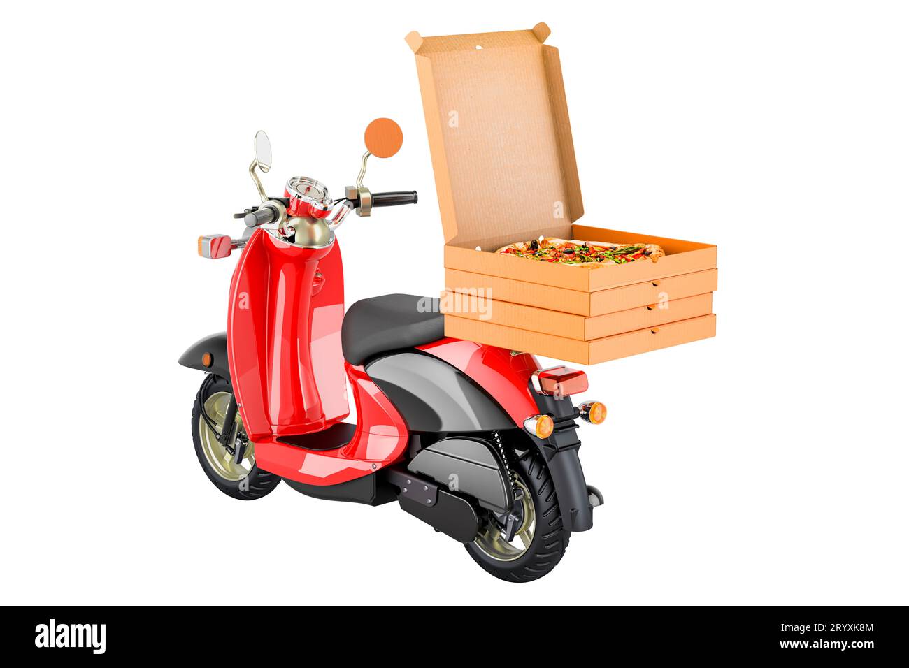 Pizza delivery, concept. Motor scooter with pizza boxes. 3D rendering ...