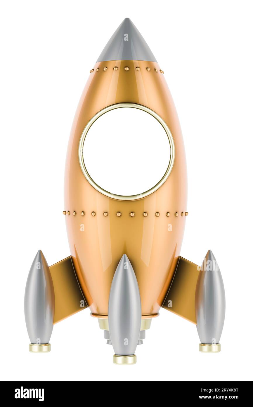 Toy spaceship rocket with empty porthole, 3D rendering isolated on ...