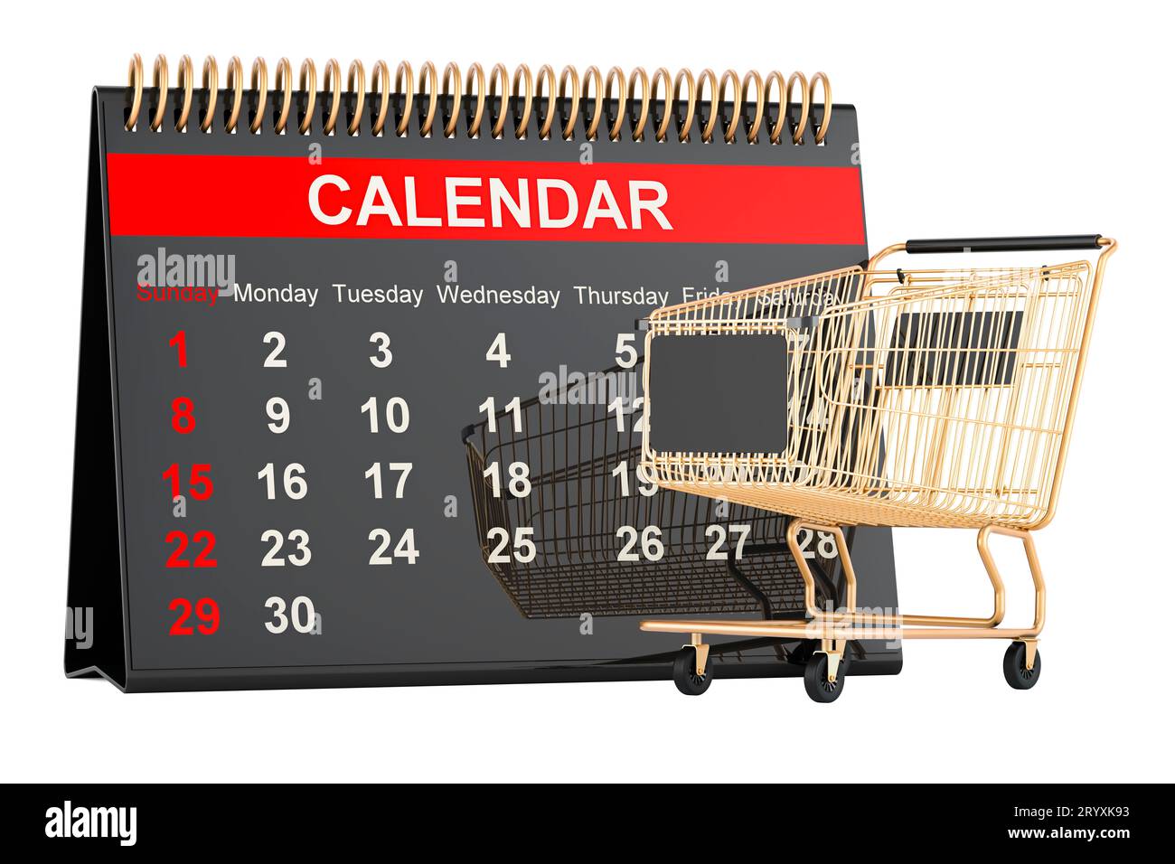Shopping cart with desk calendar. Black Friday concept. 3D rendering ...