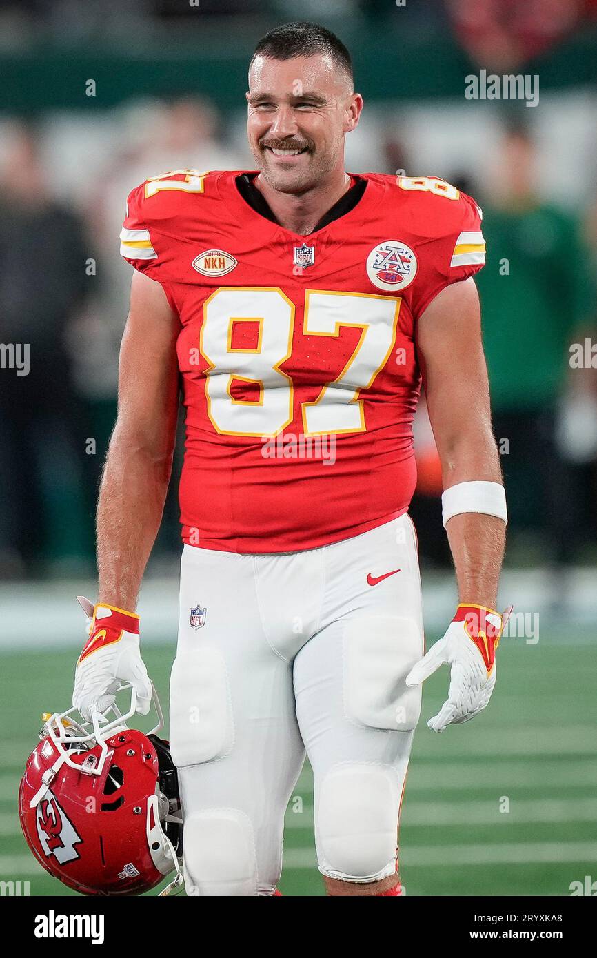 Kansas City Chiefs tight end Travis Kelce (87) stands on the field before an NFL football game ...