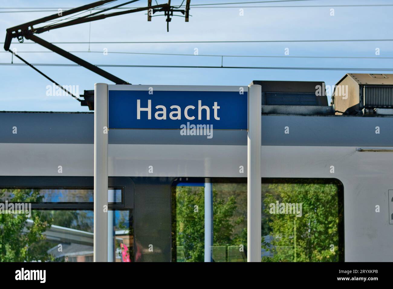 Haacht, Belgium - September 24, 2023. Haacht railway station name tag ...