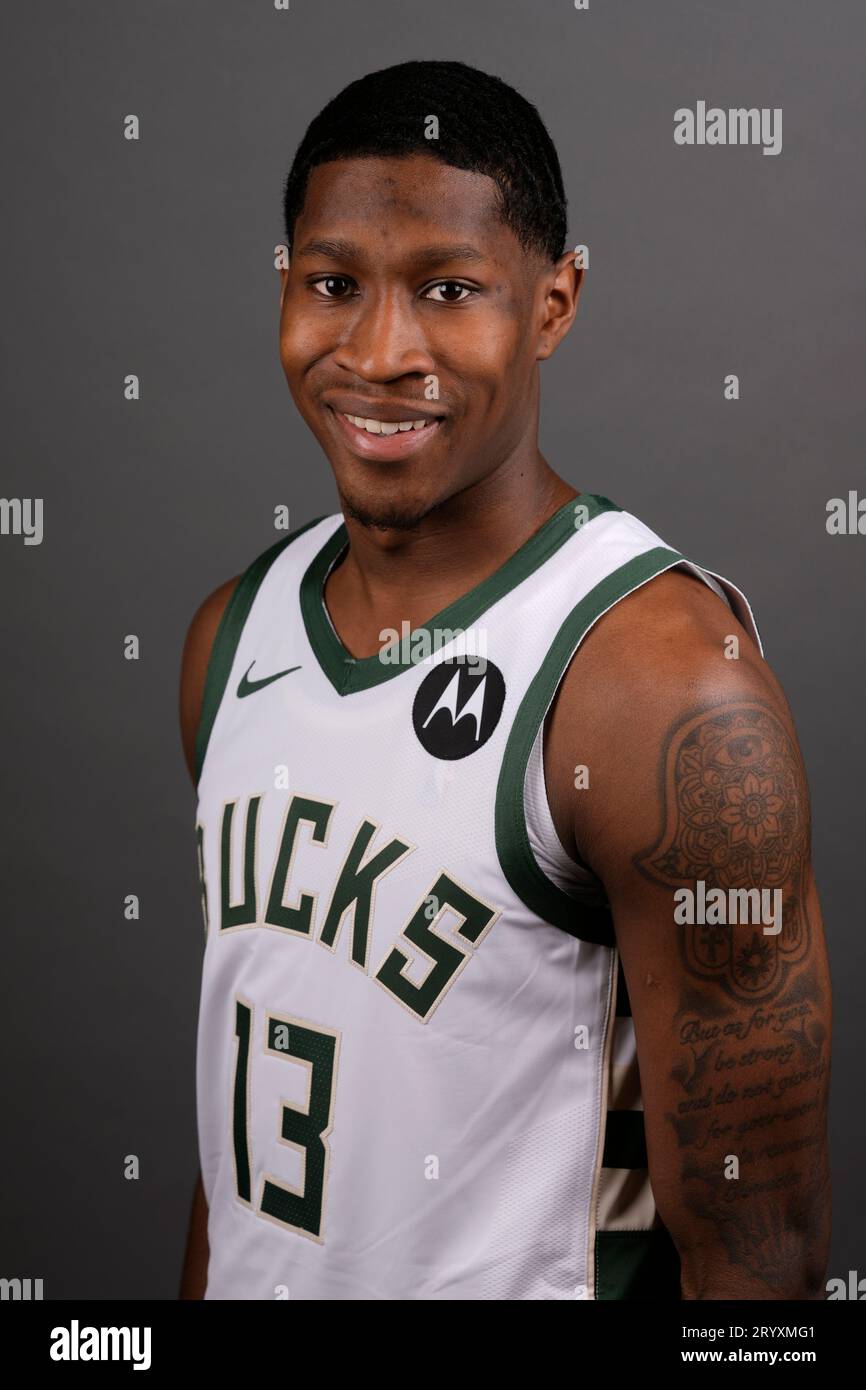 Milwaukee Bucks' Omari Moore poses for a picture during the NBA basketball team's media day in ...