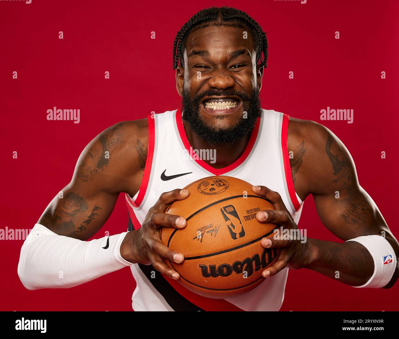Portland Trail Blazers center Deandre Ayton poses for a portrait during the NBA basketball team ...