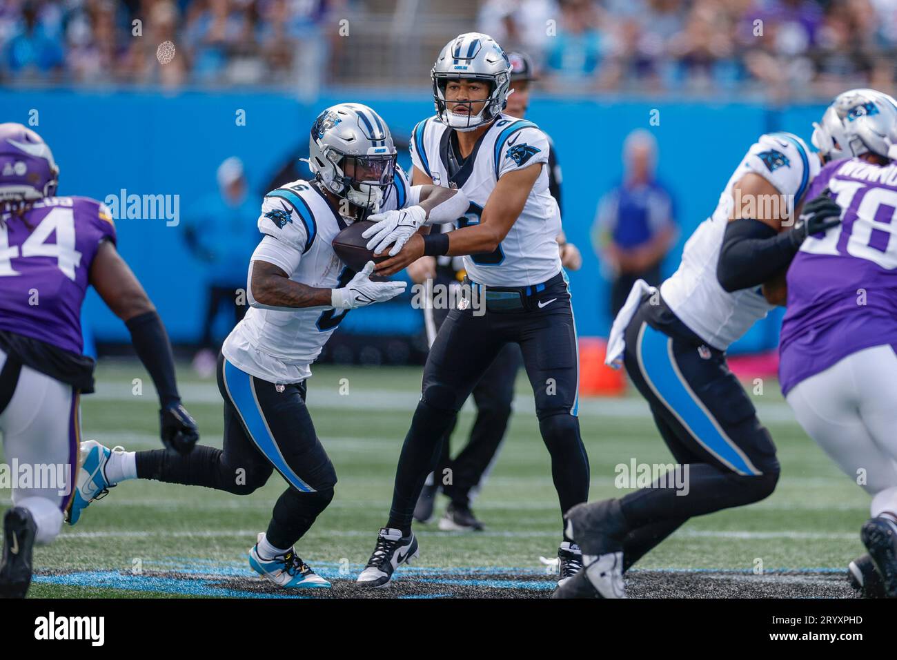 Charlotte, NC USA: Carolina Panthers quarterback Bryce Young (9) hands ...