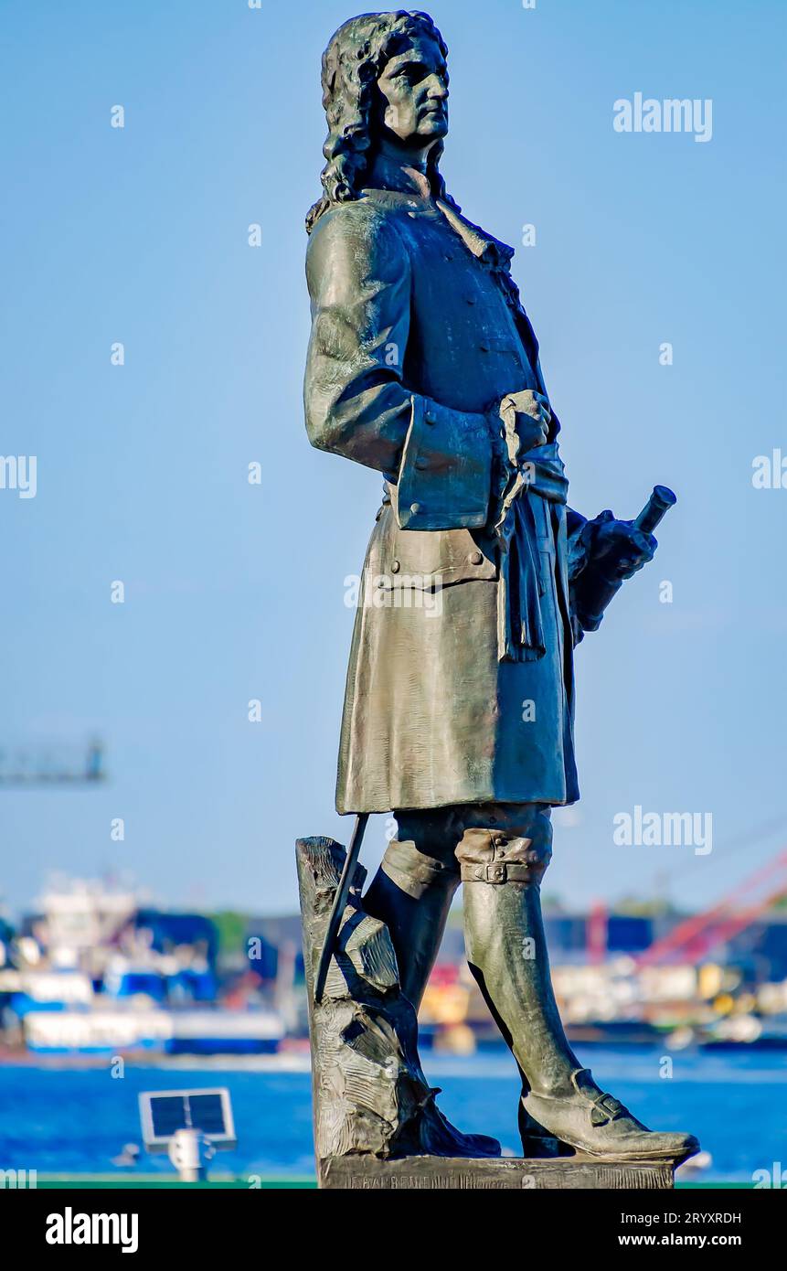A statue of Pierre Le Moyne d'Iberville faces the Port of Mobile in ...