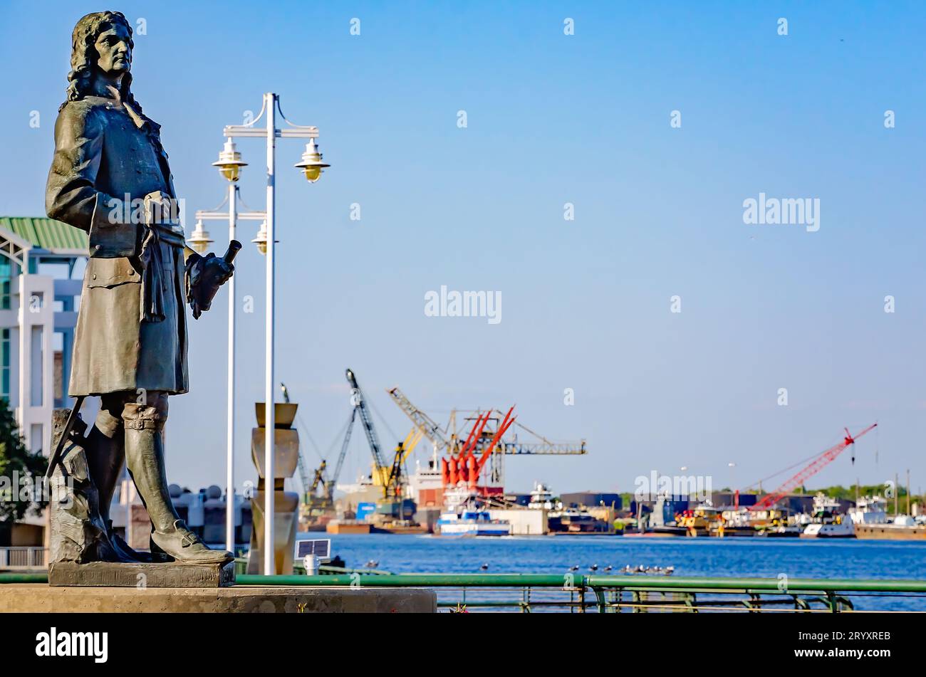 A statue of Pierre Le Moyne d'Iberville faces the Port of Mobile in ...