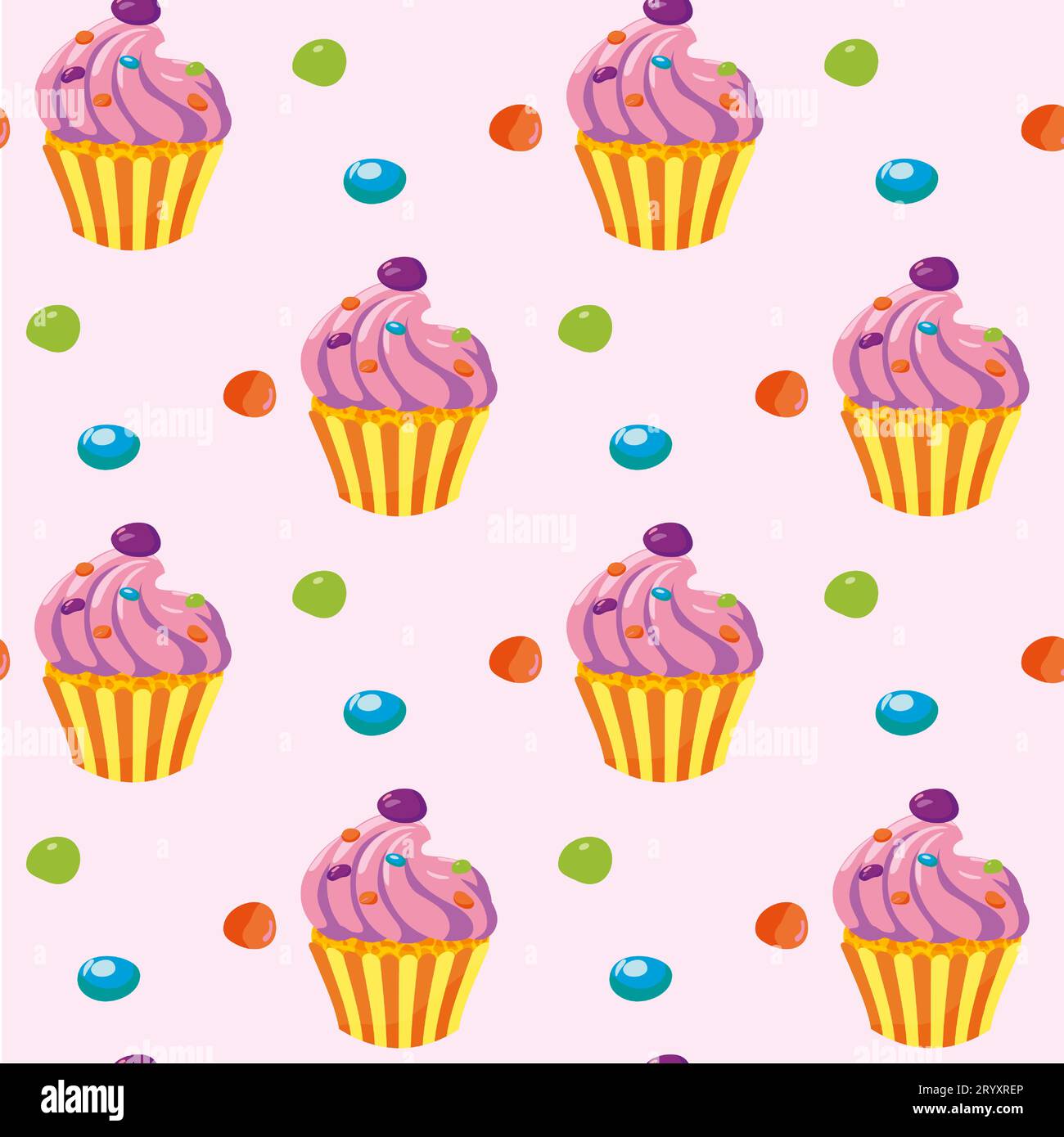 Background with pink cupcakes and colorful candies. Cute cartoon baked ...
