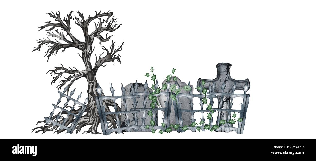 Watercolor Halloween. Hand painted graveyard with tombstone, bats and ...