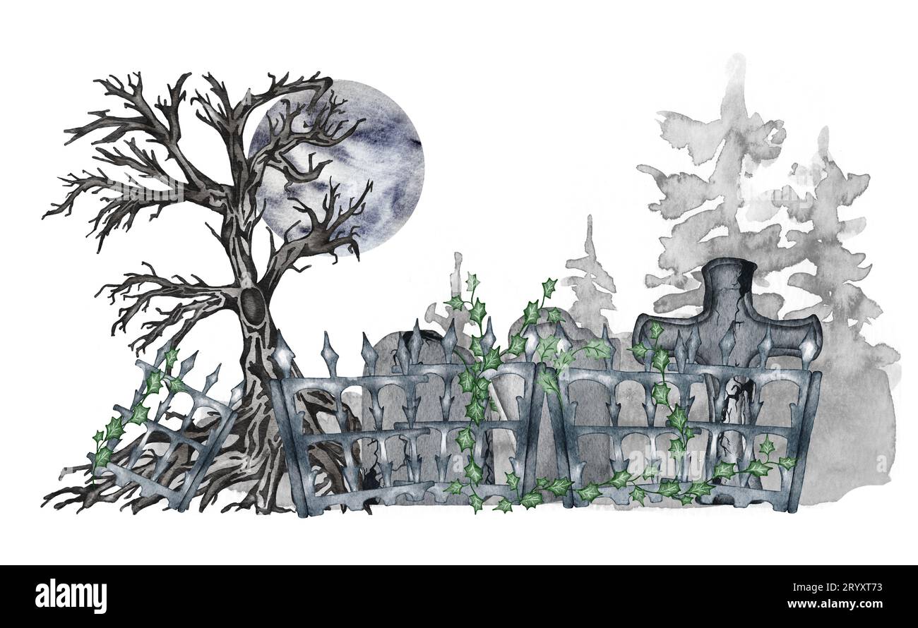 Watercolor Halloween. Hand painted graveyard with tombstone, bats and ...