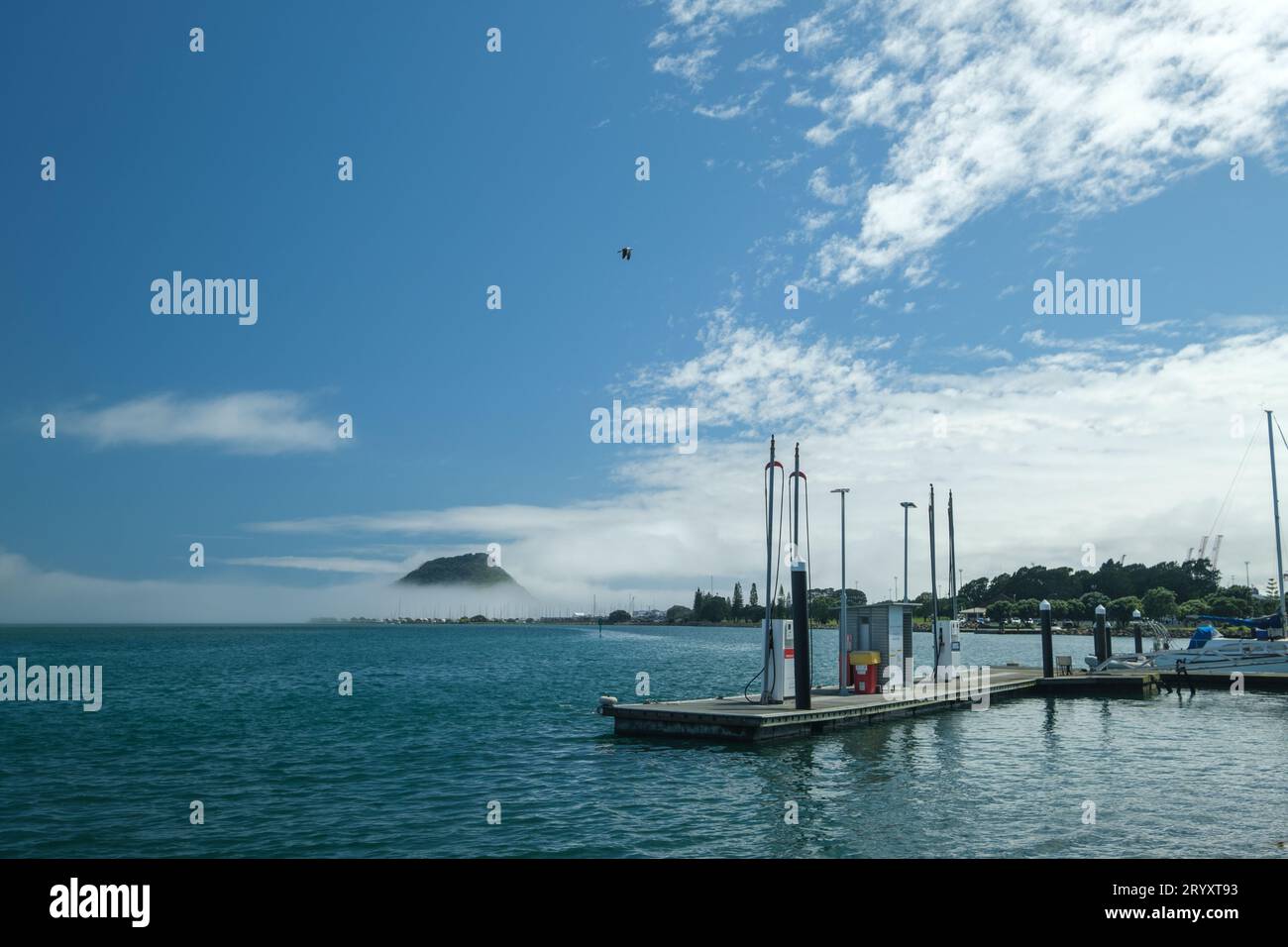 Tauranga harbour with Mauao Mount Manganui shrouded in mist in the ...