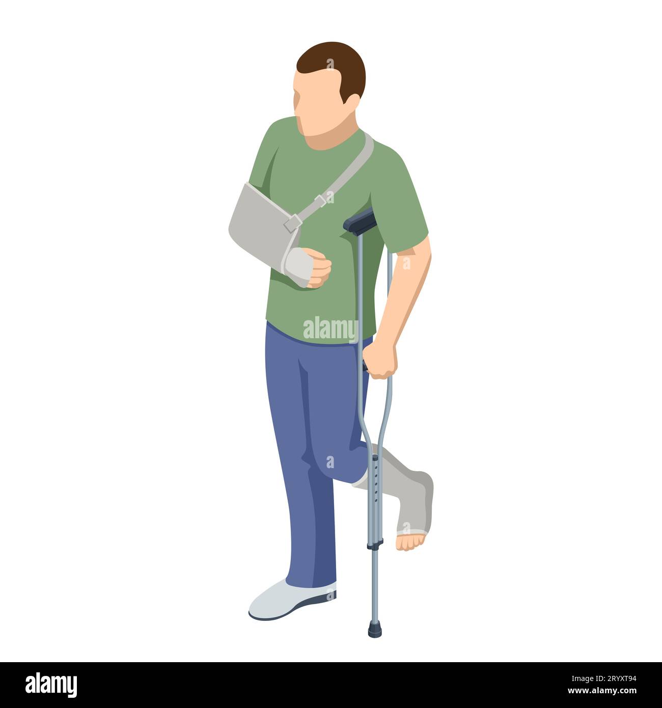 Isometric A woman with a leg injury in a cast on crutches, with an arm ...