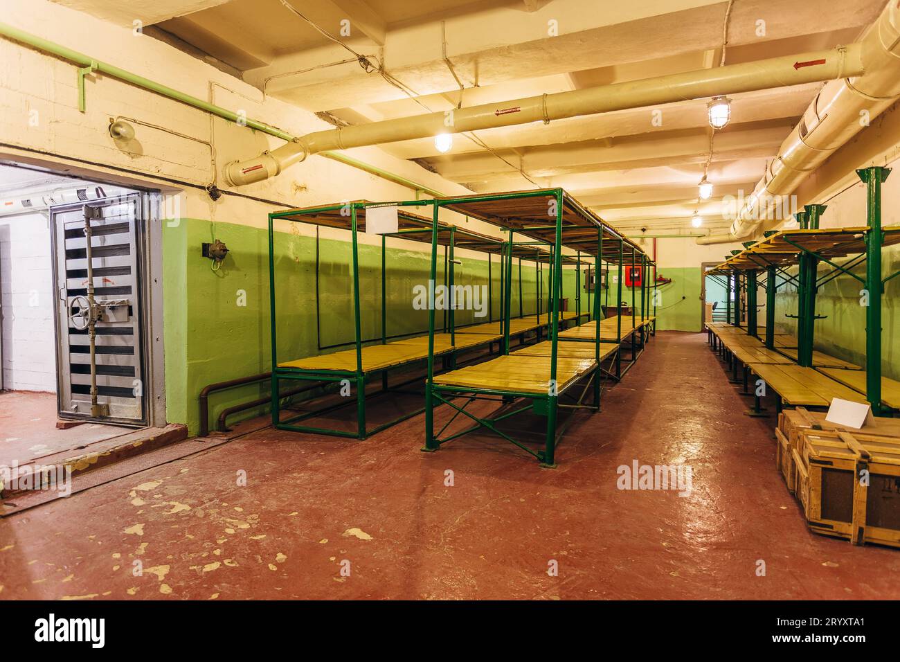 Room for refugees with double-decker beds in a bomb shelter Stock Photo ...