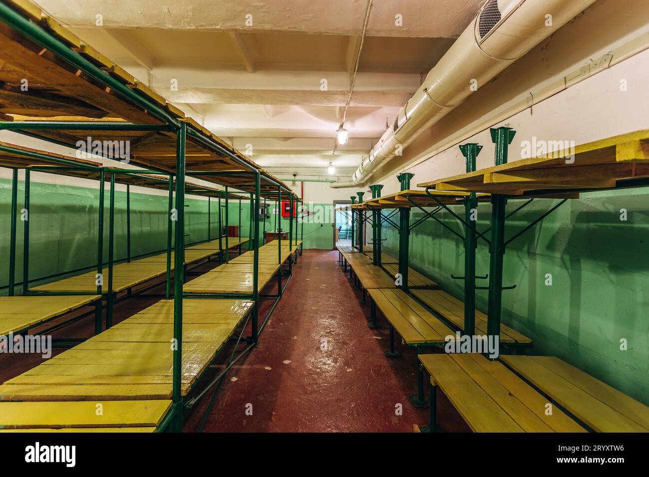 Room for refugees with double-decker beds in a bomb shelter Stock Photo ...