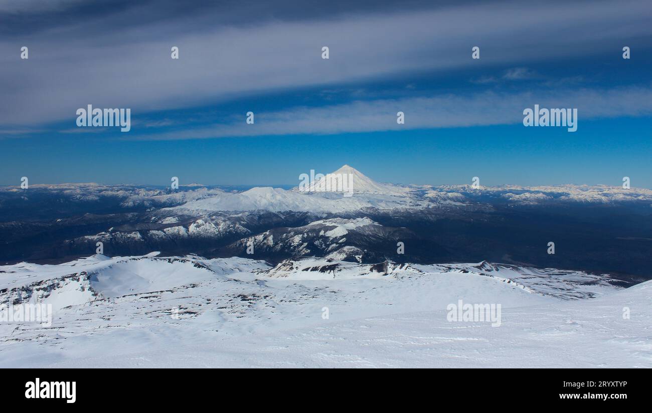 Landscape of the Andes mountain range, on the horizon a volcano in ...