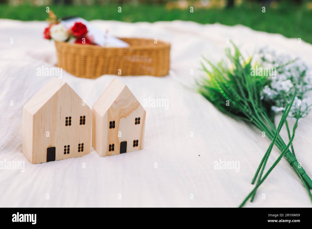 Picnic setting on meadow with copy space Mock up space for text Stock ...