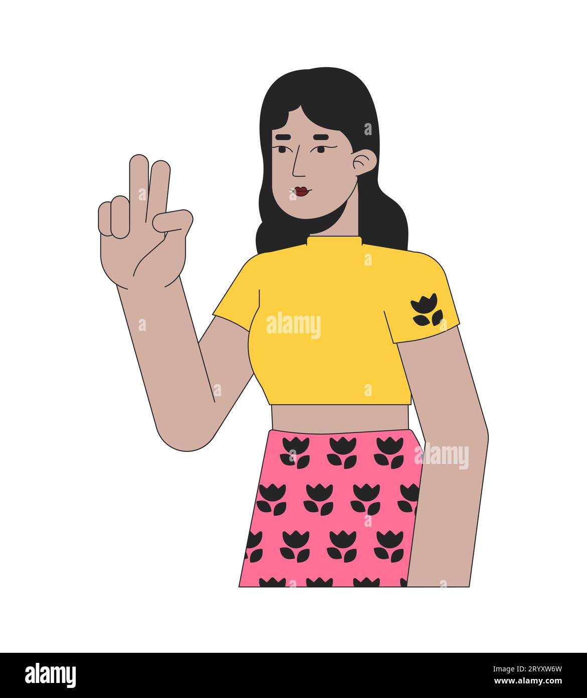 Latina young adult with two fingers up 2D linear cartoon character ...