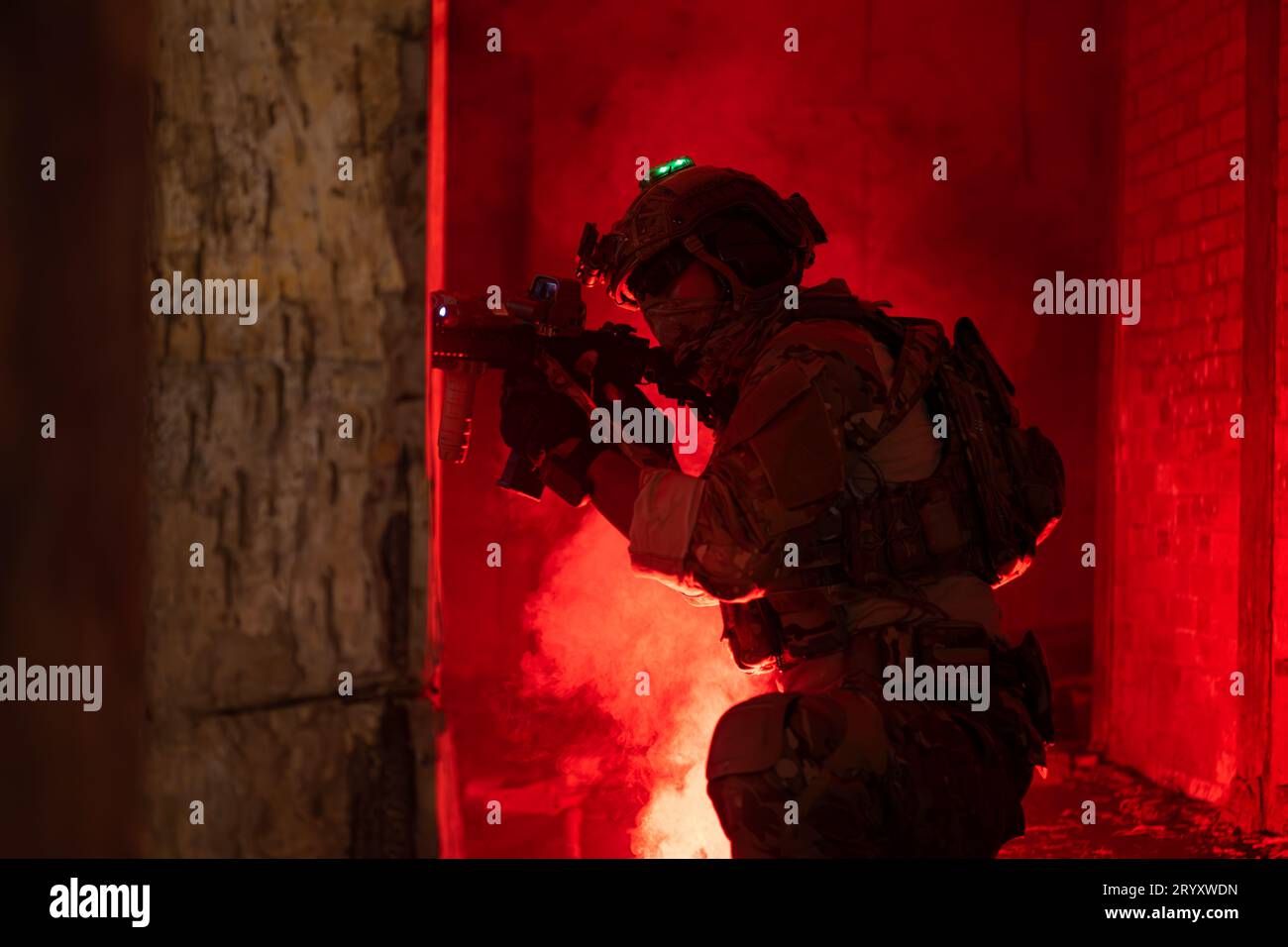 Soldier in anti-terrorist warfare in a dark building, Anti-terrorist ...