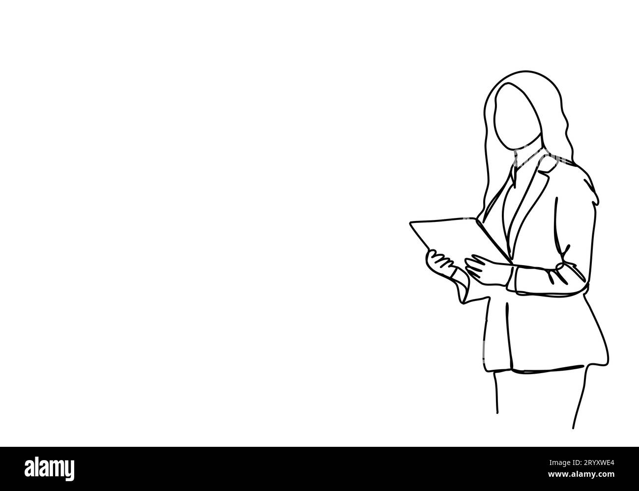 Woman in a business suit with papers in her hands. One line drawing ...