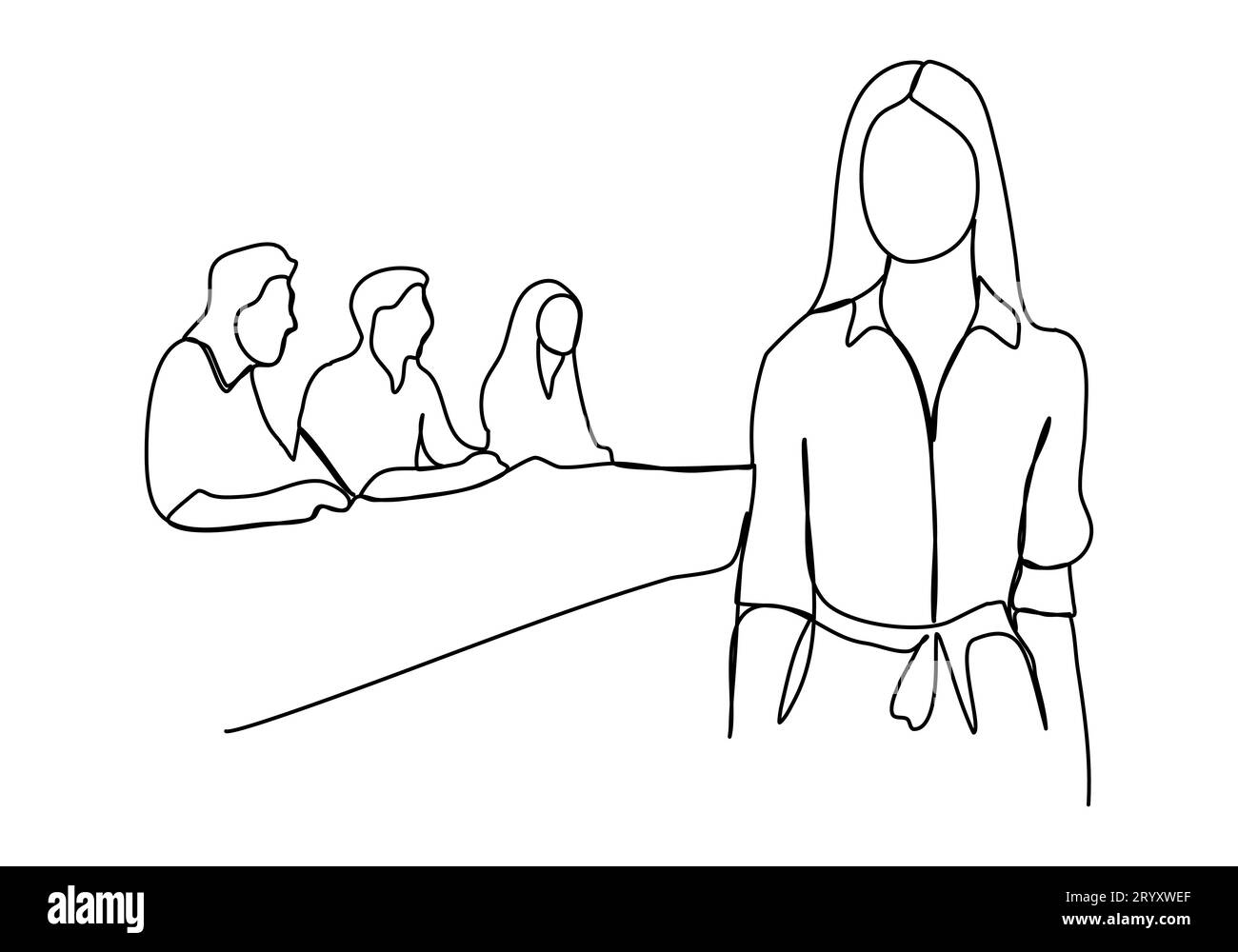 People sitting around a table at a meeting. One line drawing, vector ...